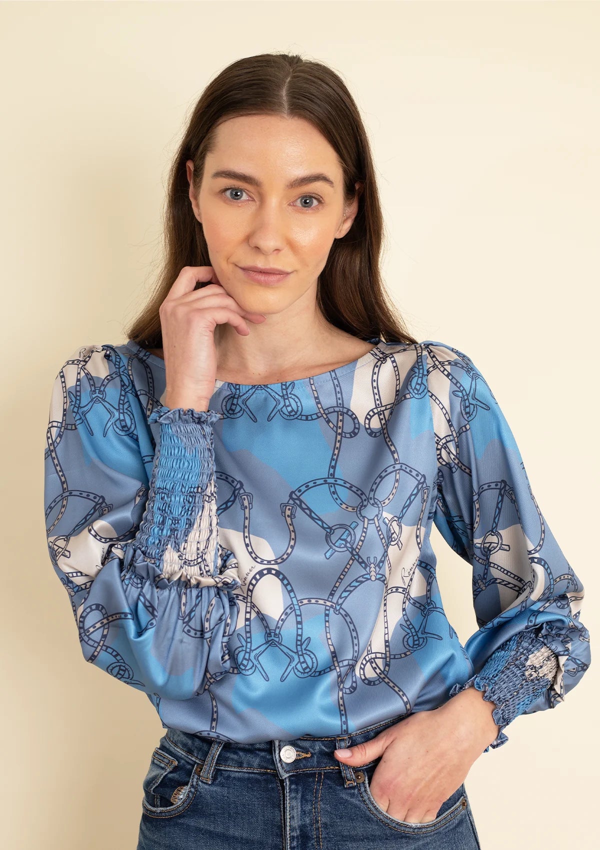 Abigail Blouse | Saddlery Print | Blue and Beige – Marengo Equestrian